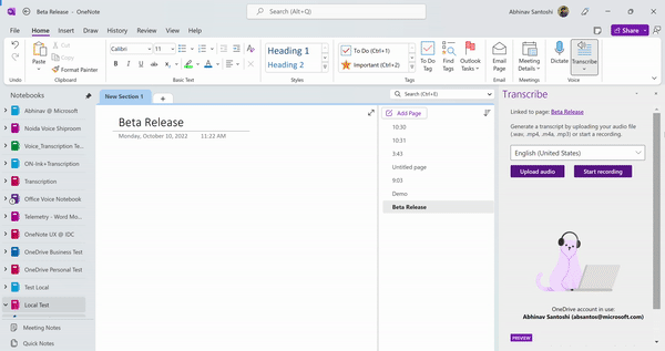 Transcribe and Ink experience in OneNote on Windows