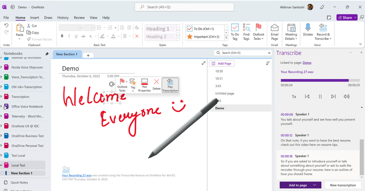 Transcribe and Ink experience in OneNote on Windows