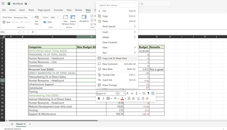 Share links to Sheet views in Excel for the web