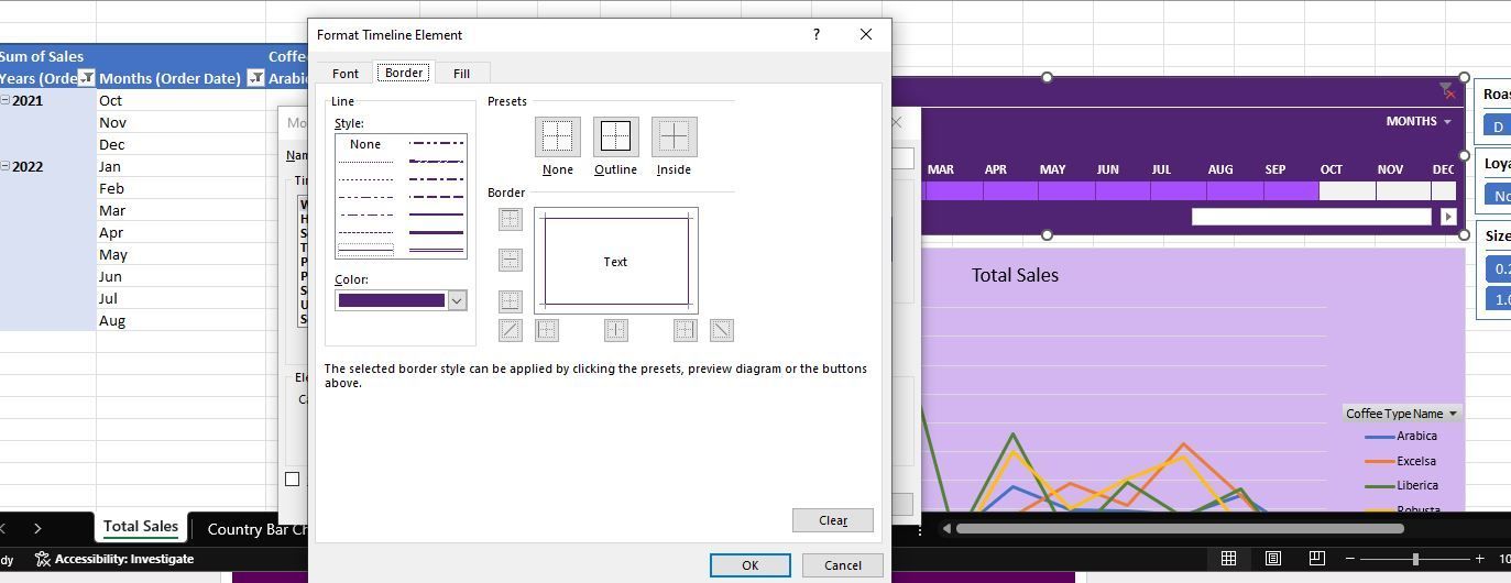 Unable to select line style and borders in timeline in excel ...