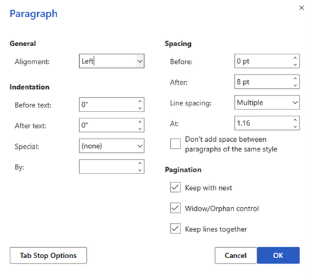 Paragraph options in Word for the web