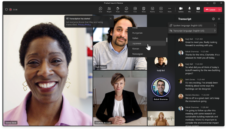 Live translated transcript for Teams Premium users