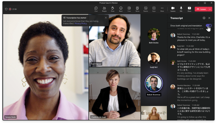 Live translated transcript for Teams Premium users