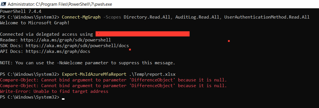 Unable to run Export-MsIdAzureMfaReport getting error please advise | Microsoft Community Hub