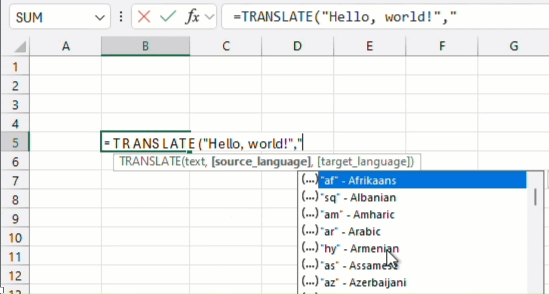 Excel language functions