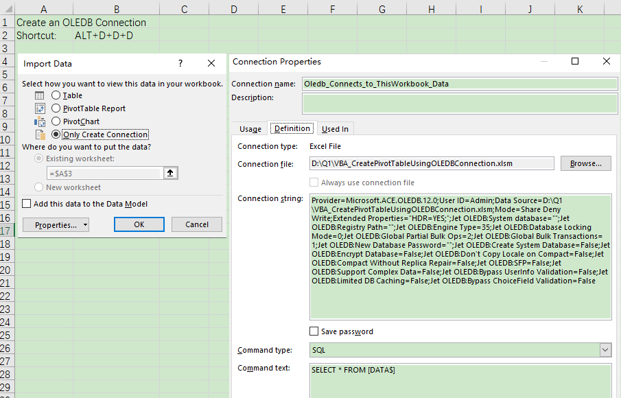 [VBA] How to create a PivotTable using an OLEDBConnection whose Data Source is ThisWorkbook ...