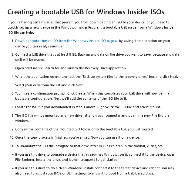 Advice for creating bootable USB drive for Windows Insider Build ...