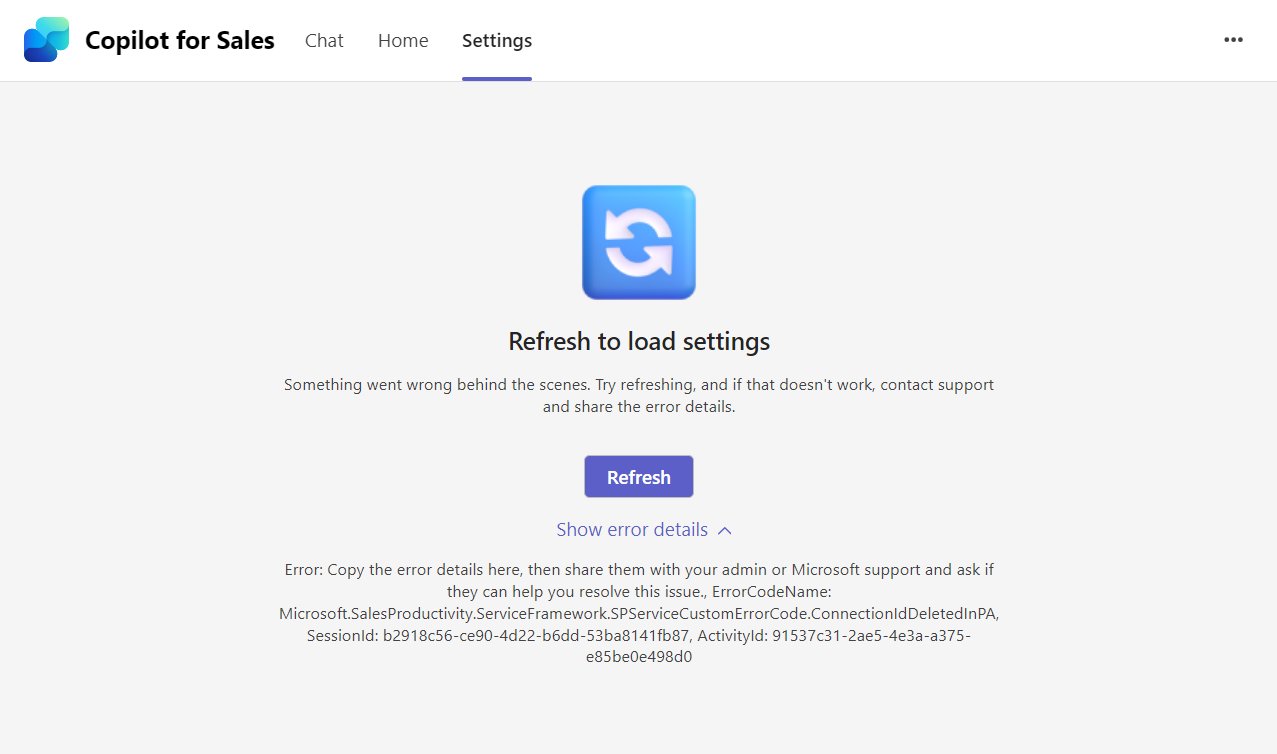 Error loading CoPilot for Sales in Teams and Outlook | Microsoft ...