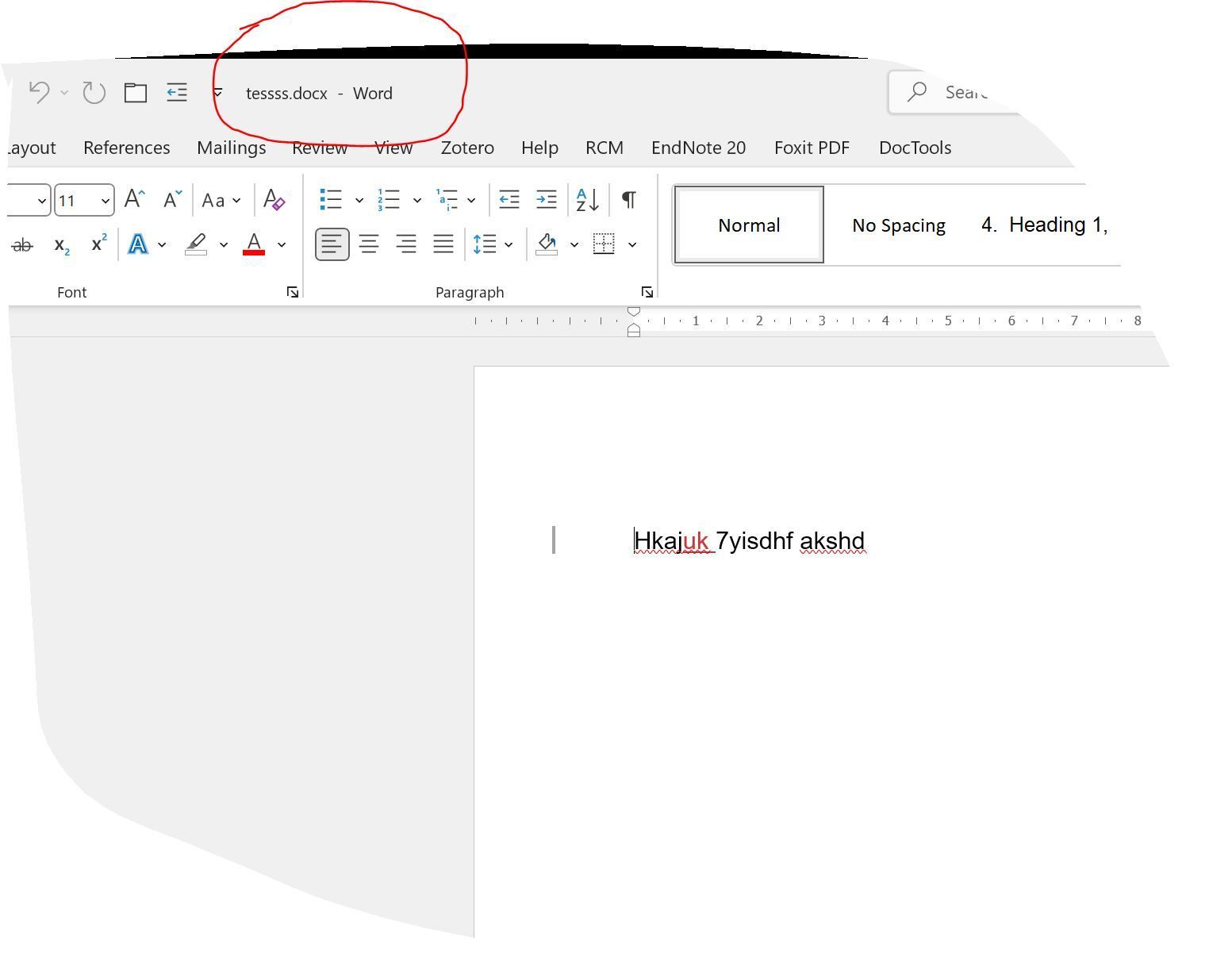 In the Word title bar where the filename is shown, Word has stopped ...