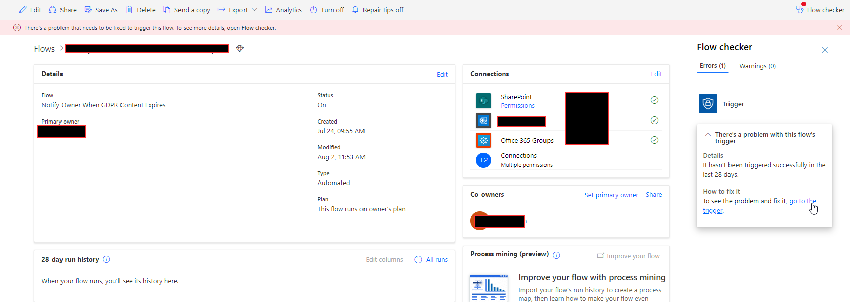 M365 Compliance connector error in Power Automate flow with retention ...