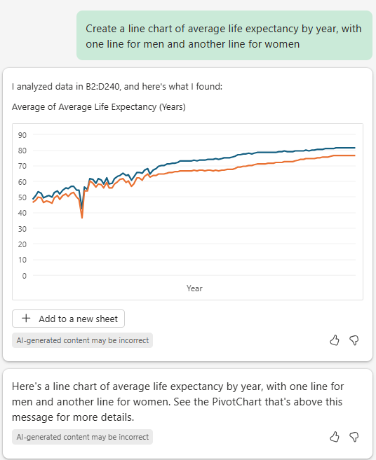 Using Copilot for Excel to create a chart