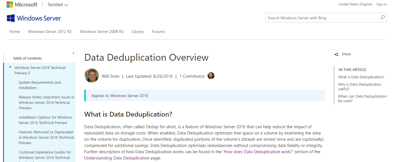 Windows Server 2016 Dedup Documentation Now Live! | Microsoft Community Hub