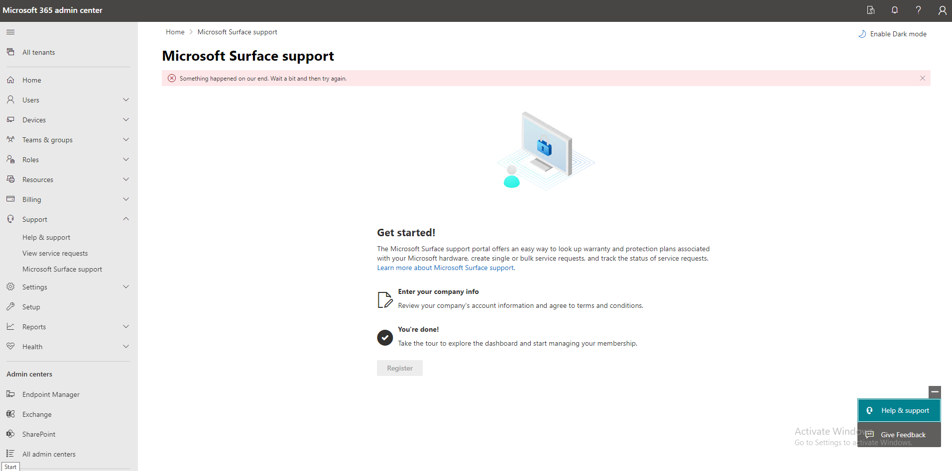 Microsoft Surface Support - Something happened on our end. Wait a bit ...