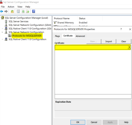 Unable to see (empty) SSL certificate to apply on SQL Server Configuration Manager. | Microsoft ...