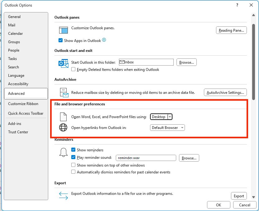 Configuration profile to set File and browser preferences in Outlook Options > Advanced ...