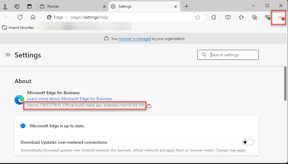 Edge prompts users that it is out of date when a target version is set ...