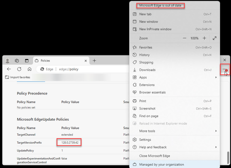 Edge prompts users that it is out of date when a target version is set ...