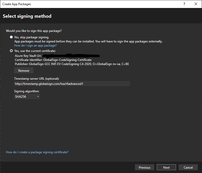 Error signing app package with certificate from Azure Key Vault | Microsoft Community Hub