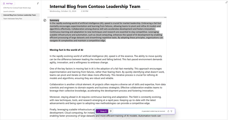 Quick actions with Copilot now at your fingertips in OneNote on Windows