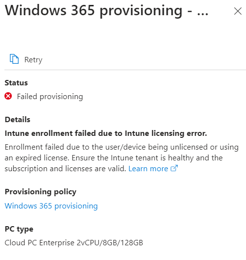 Windows 365 enterprise provisioning Fails. | Microsoft Community Hub