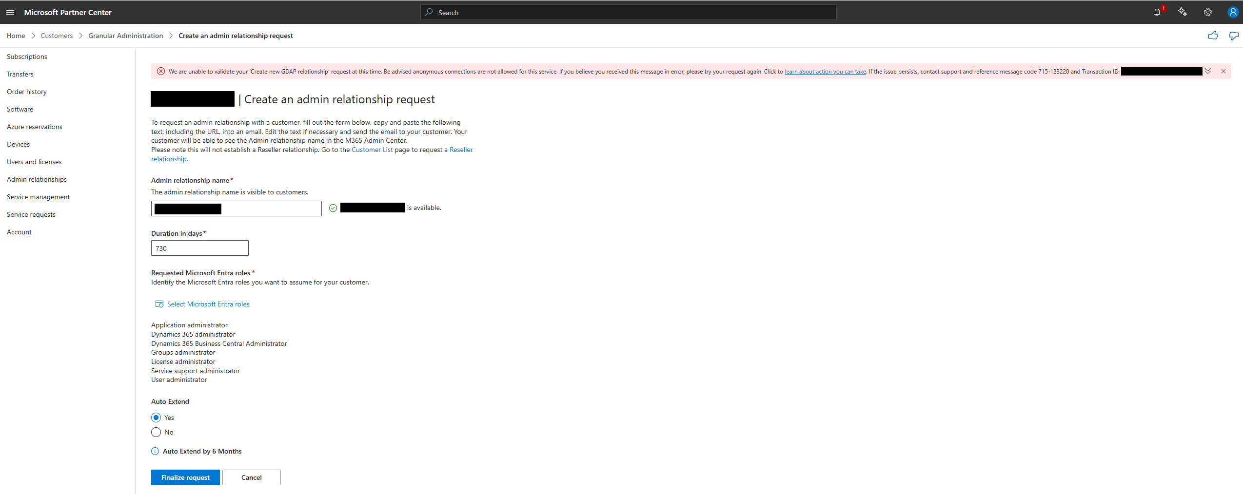 Error message: unable to validate your 'Create new GDAP relationship' | Microsoft Community Hub