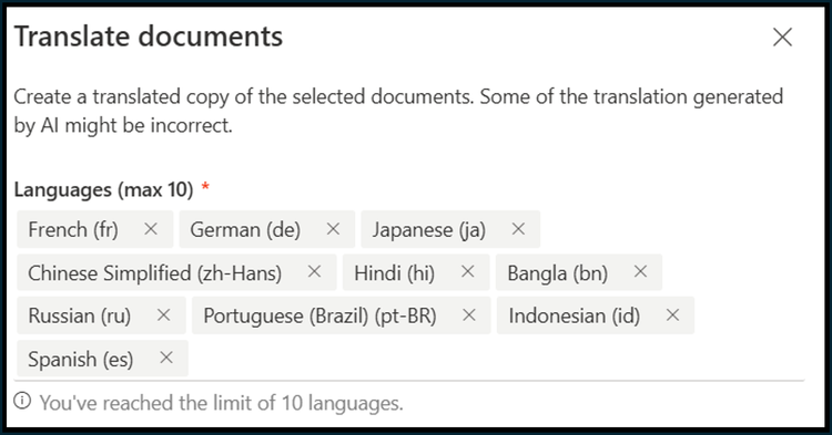Multiple language support and custom glossary for document translation ...
