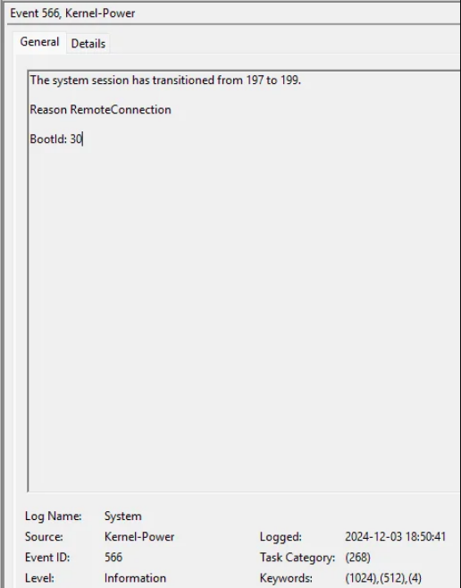 Event ID 566, The system session has transitioned from 197 to 199 | Microsoft Community Hub