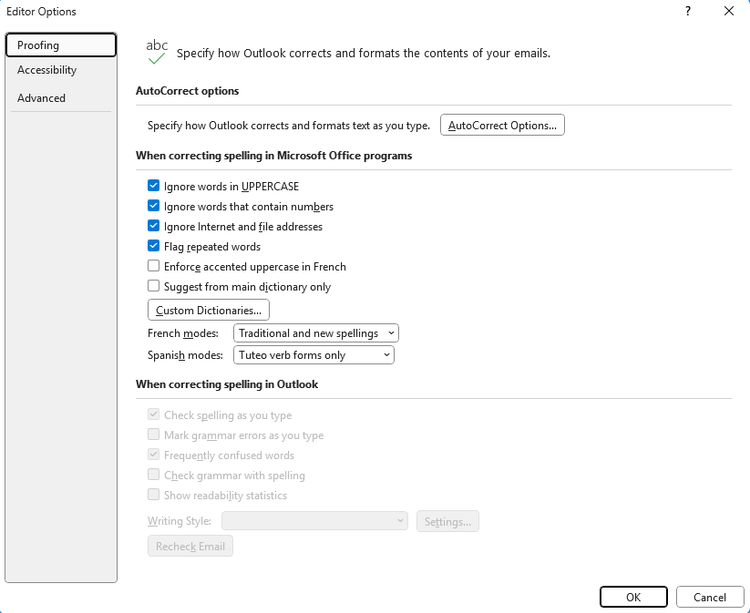 No AutoCorrect spell check in Outlook 2021 client | Microsoft Community Hub