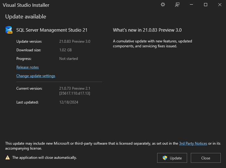 SSMS 21 Preview 3 release