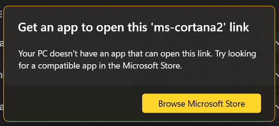 get an app to open this 'ms-cortana 2' link | Microsoft Community Hub