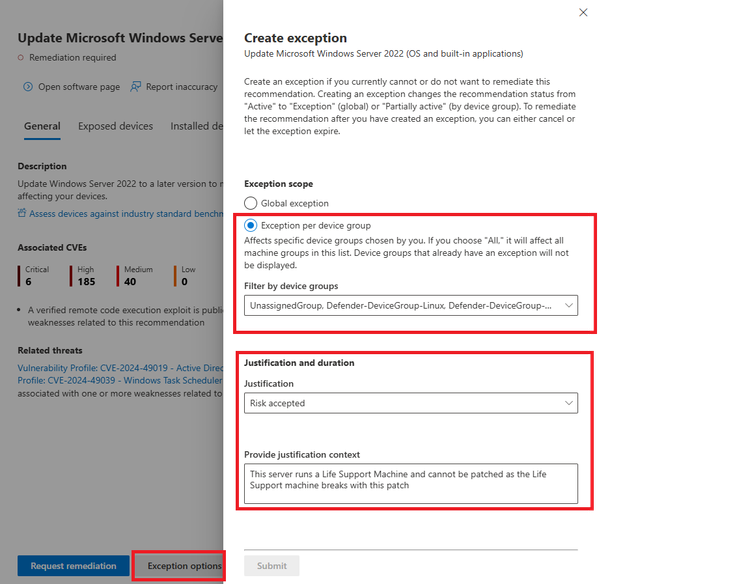 How can I create an exception for a security recommendation for a ...