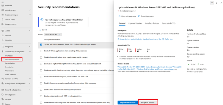 How can I create an exception for a security recommendation for a specific device? | Microsoft ...