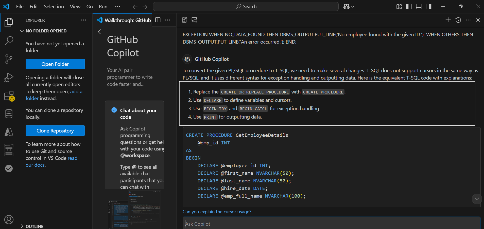 Leveraging GitHub Copilot for T-SQL Code Conversion: A Deep Dive into Code Explainability ...