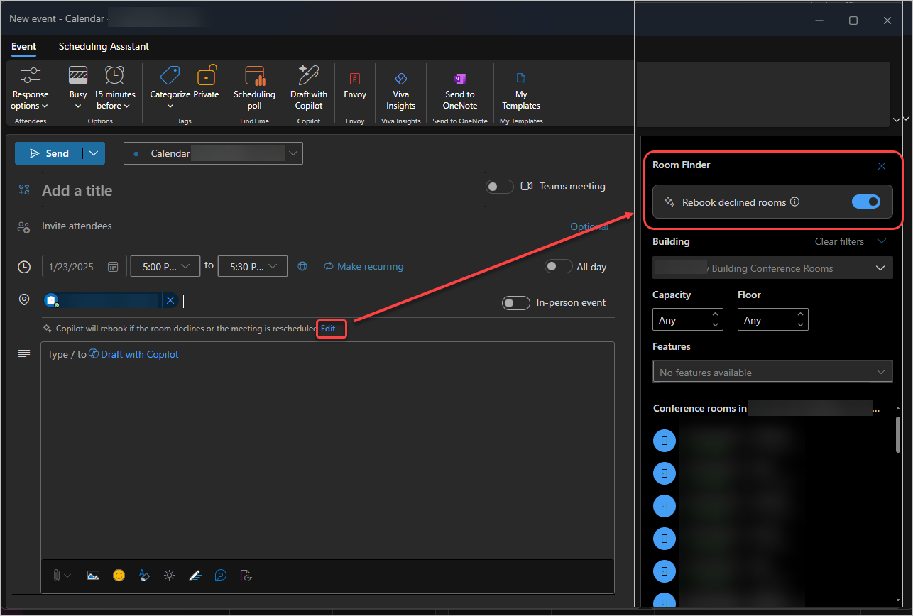 Change Default for Copilot Automatic Room Rebooking Setting in Outlook? | Microsoft Community Hub