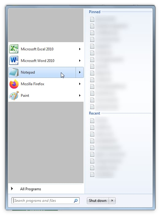 Pinned and recent documents associated with a particular program ...