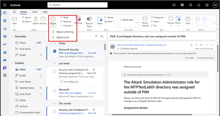 Built-in report button is available in Microsoft Outlook across ...