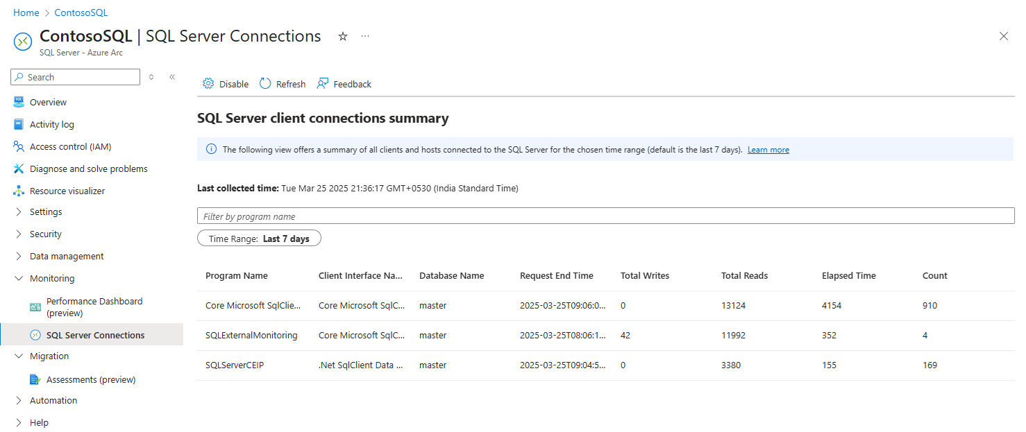 Client Connection Summary for SQL Server enabled by Azure Arc ...