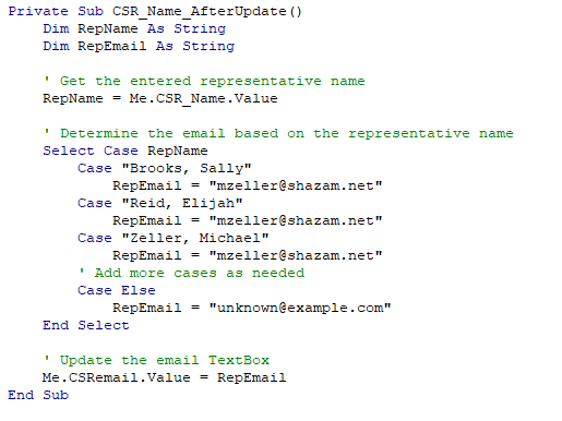 VBA to update email when rep name field entered issue | Microsoft Community Hub
