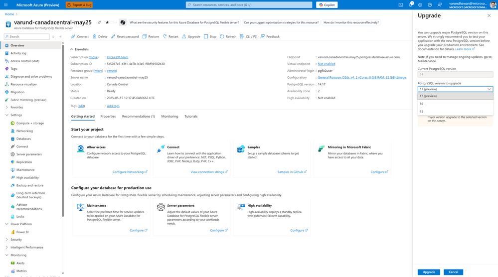 Upgrade to PostgreSQL 17 on Azure Flexible Server – Preview