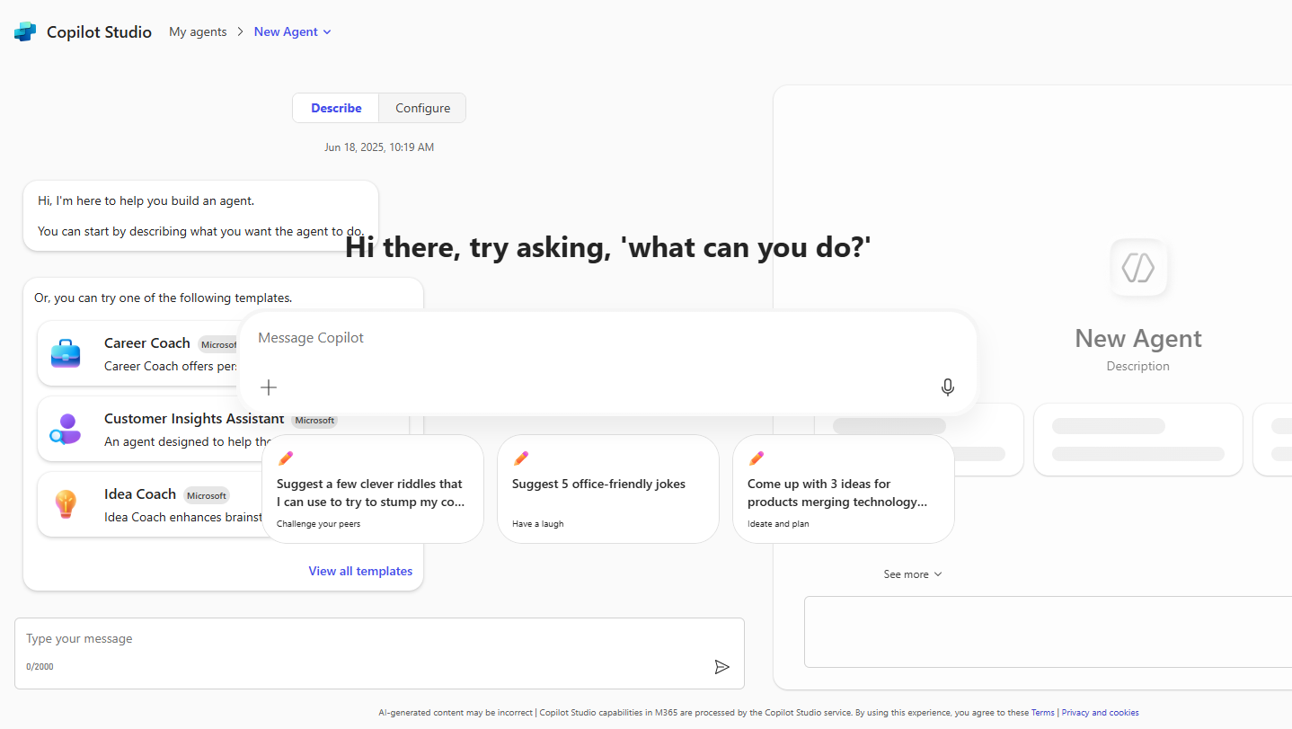Chat box appearing overlays the Create Agent page | Microsoft Community Hub