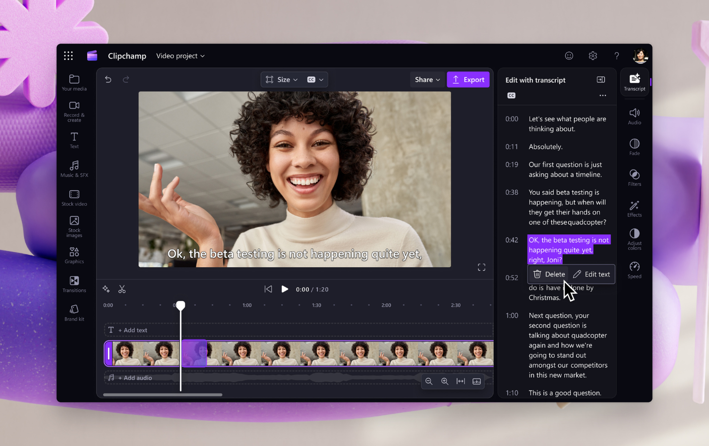Trim a video by editing the transcript in Clipchamp