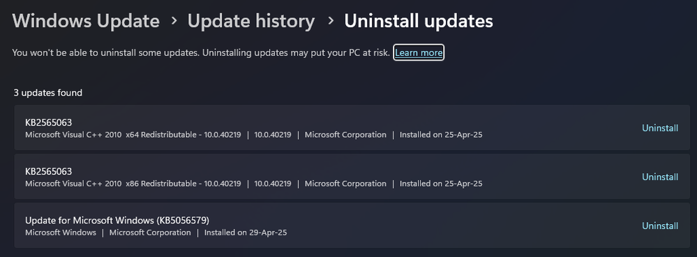 Windows Update (KB5063878) does not appear in the uninstall list | Microsoft Community Hub
