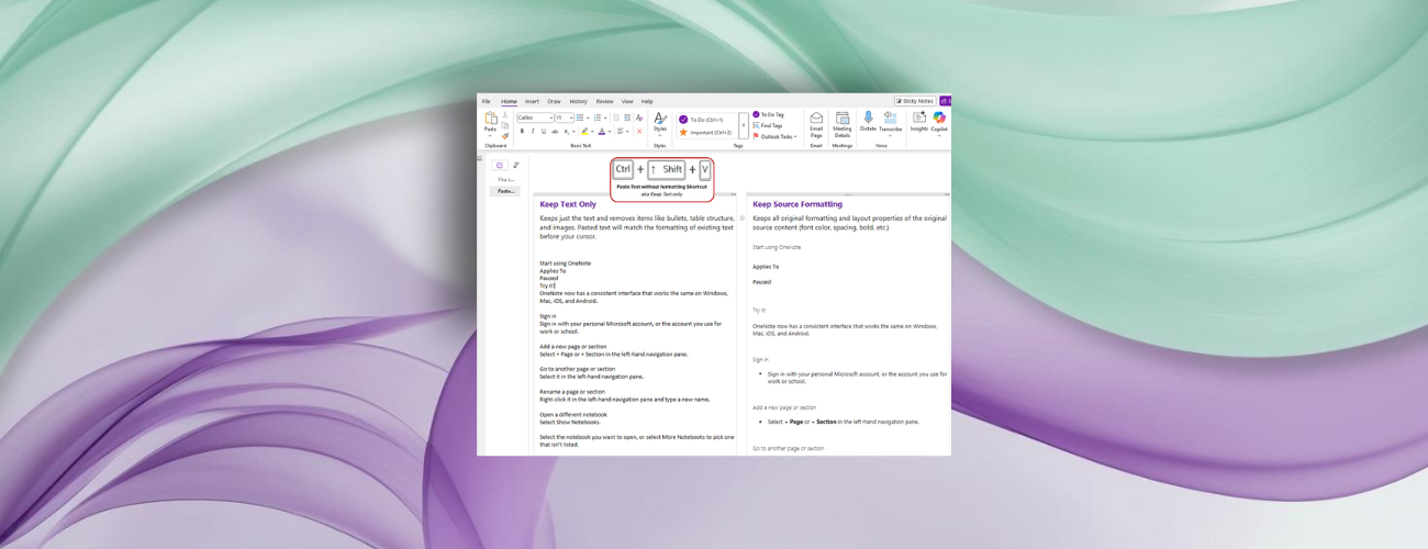 Paste text only shortcut in OneNote on Windows, for Mac, and for the web