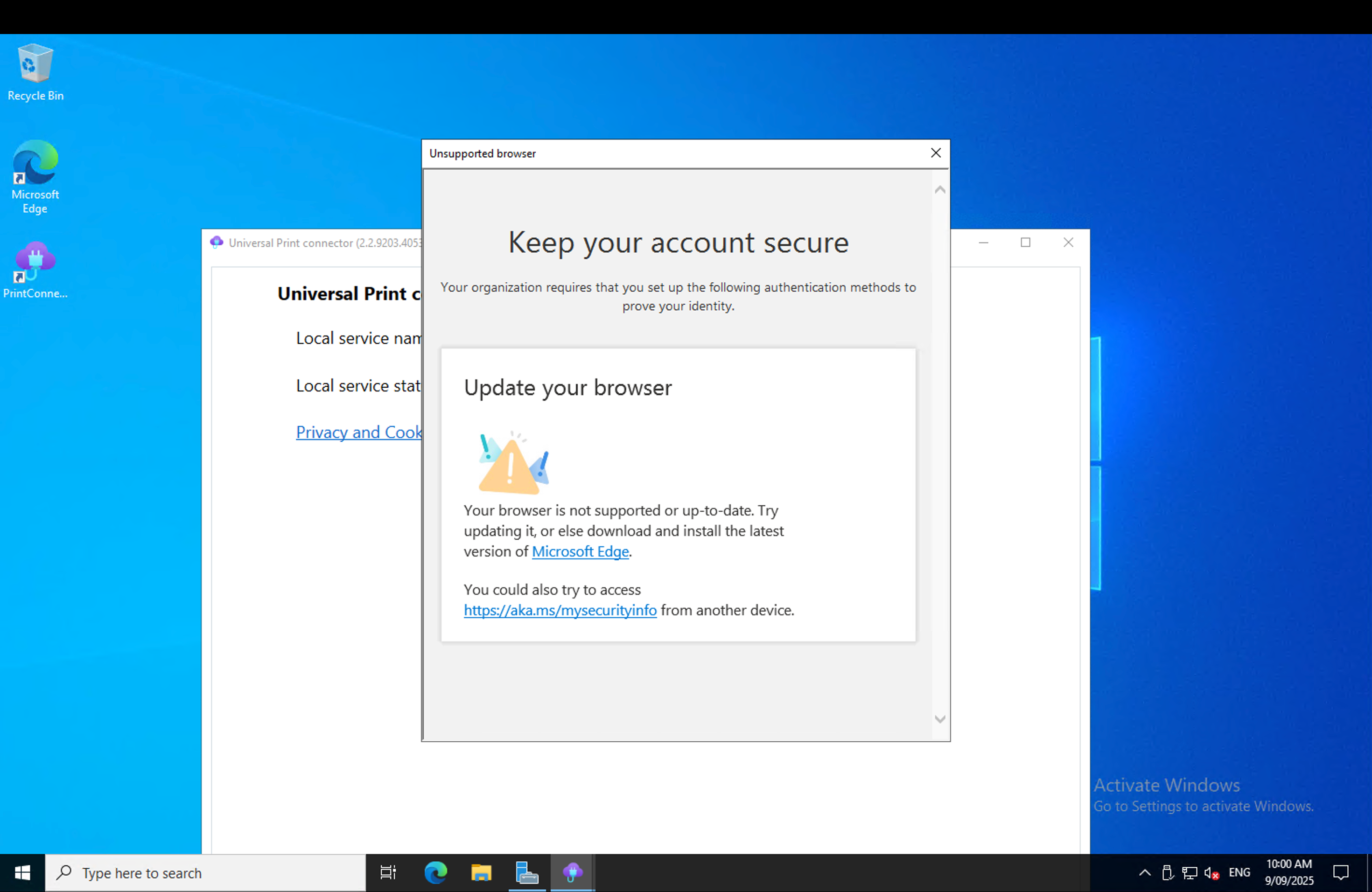 Universal Print Connector App browser is not supported in Windows ...
