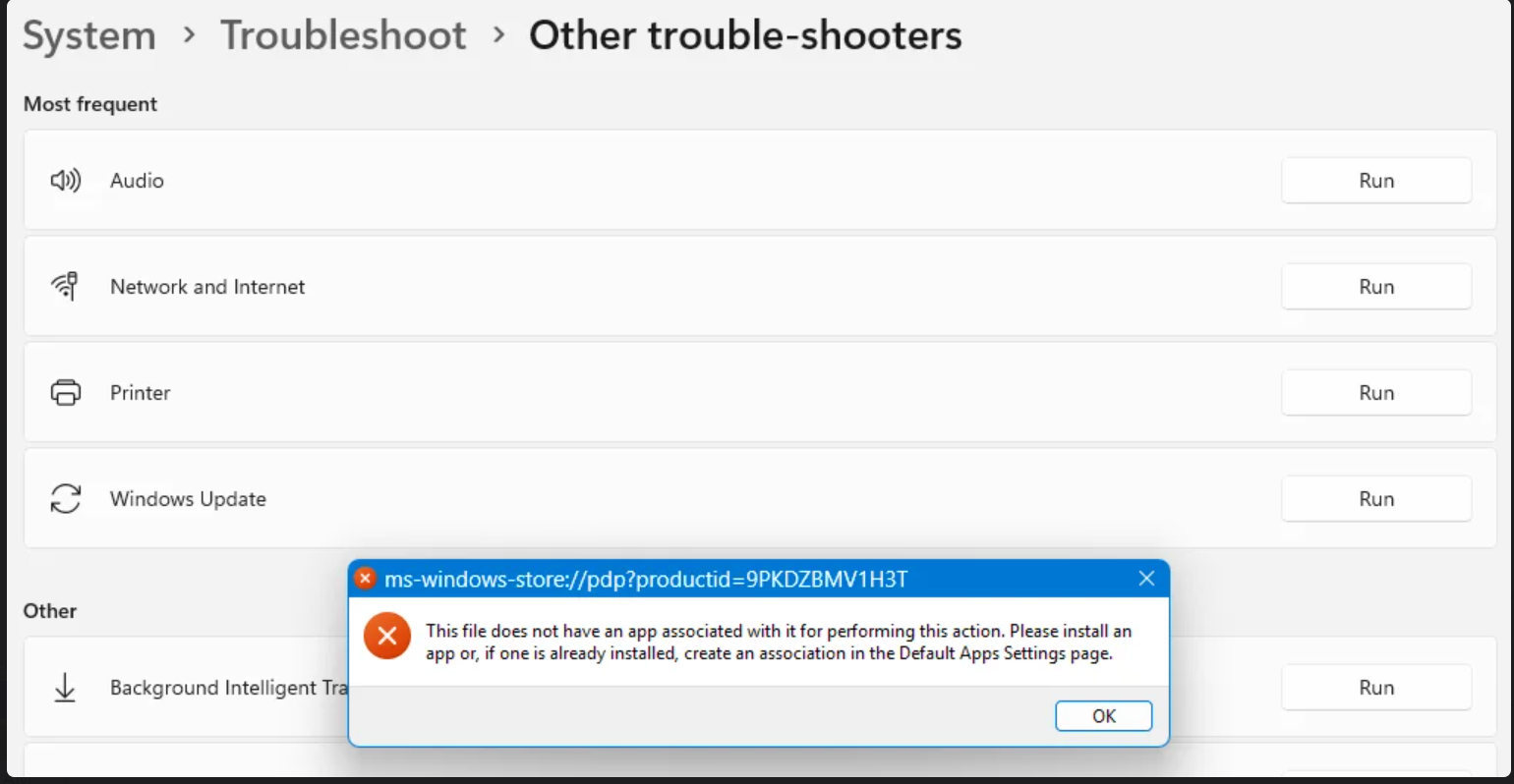 System > Troubleshoot > Other trouble-shooters - do not run, gives ...