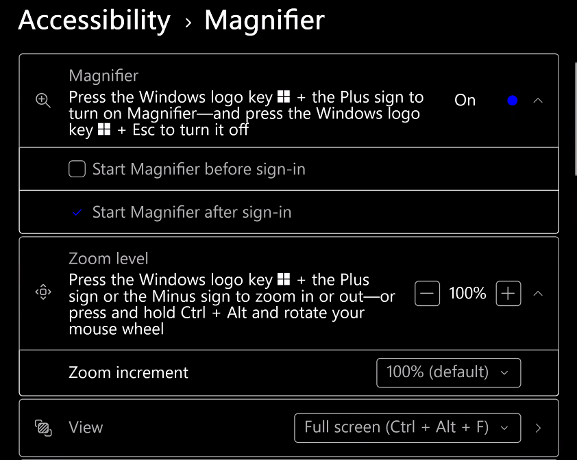 Magnifier starts tiny in the corner | Microsoft Community Hub