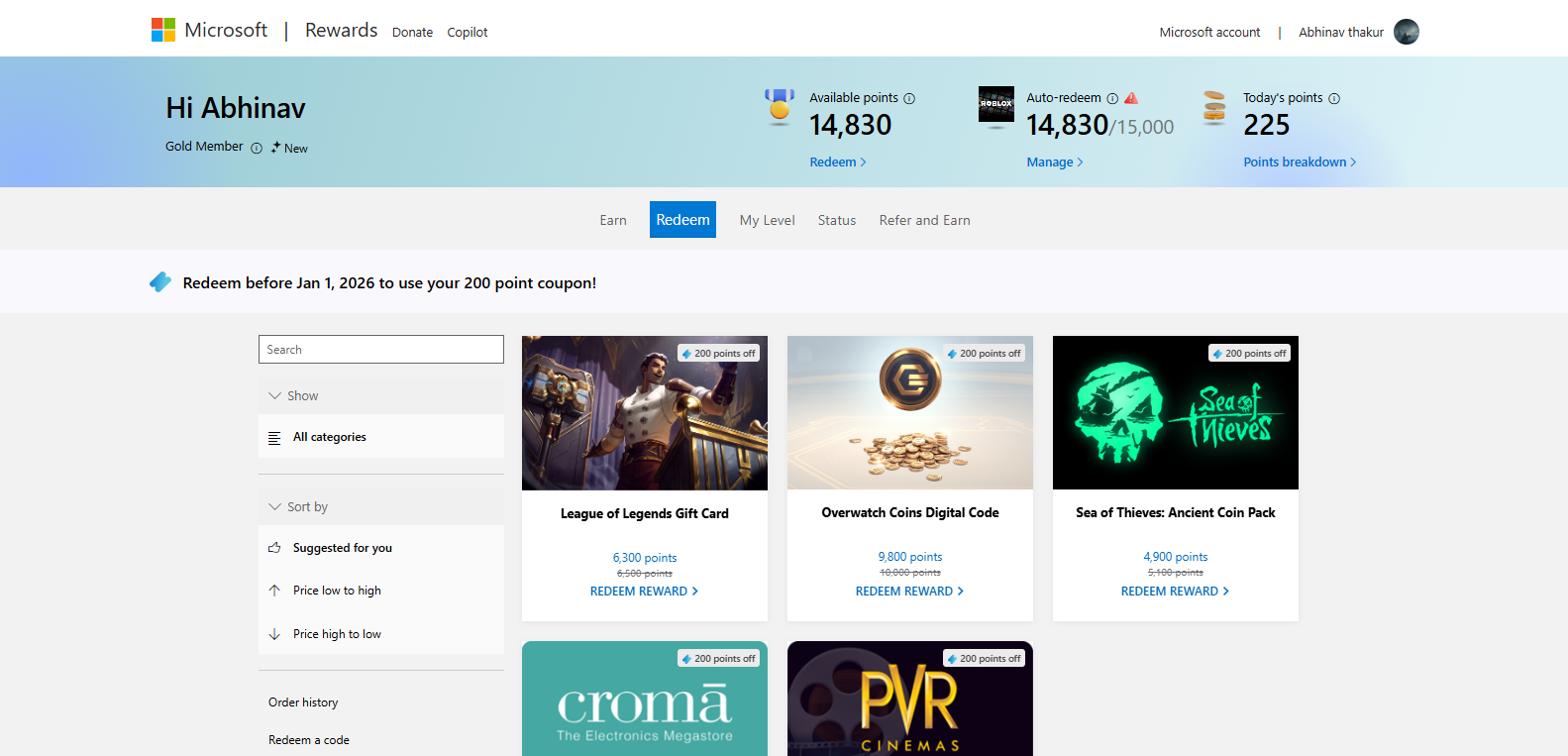 Error Redeeming Reward due to Change in Price | Microsoft Community Hub
