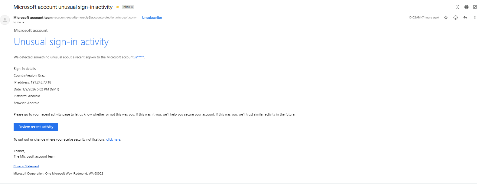 Unusual Sign-In Activity E-mail but I cannot identify the account ...