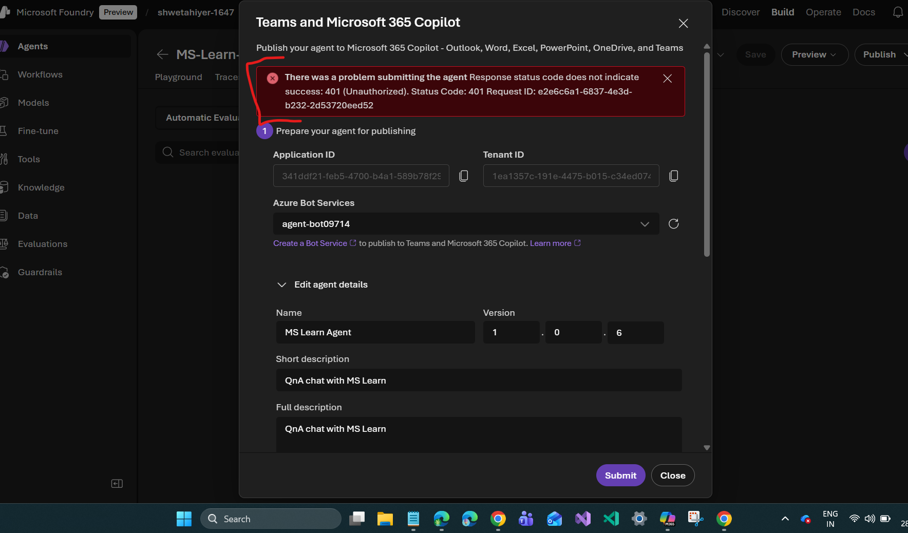 Unable to publish Foundry agent to M365 copilot or Teams | Microsoft ...