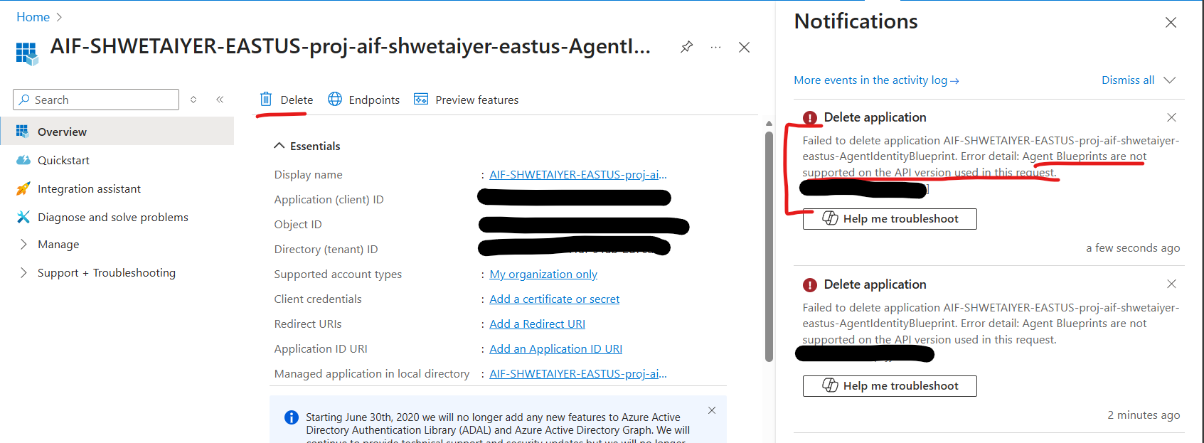 Unable to delete Foundry Agent identity Entra app in Azure | Microsoft ...